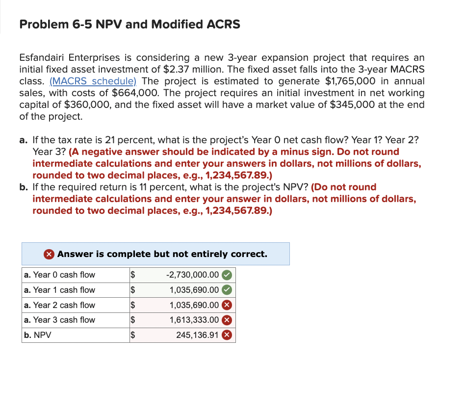 Solved Problem 6-5 ﻿NPV and Modified ACRSEsfandairi | Chegg.com