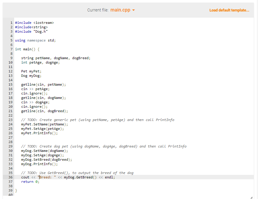 Solved The base class Pet has private data members petName, | Chegg.com