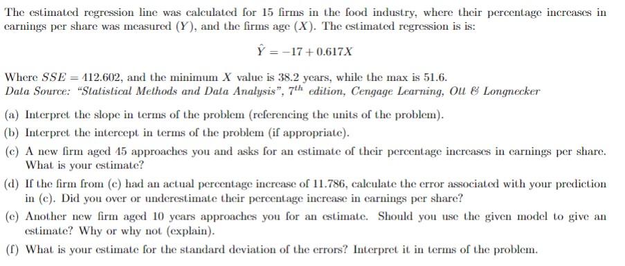 Solved The estimated regression line was calculated for 15 | Chegg.com