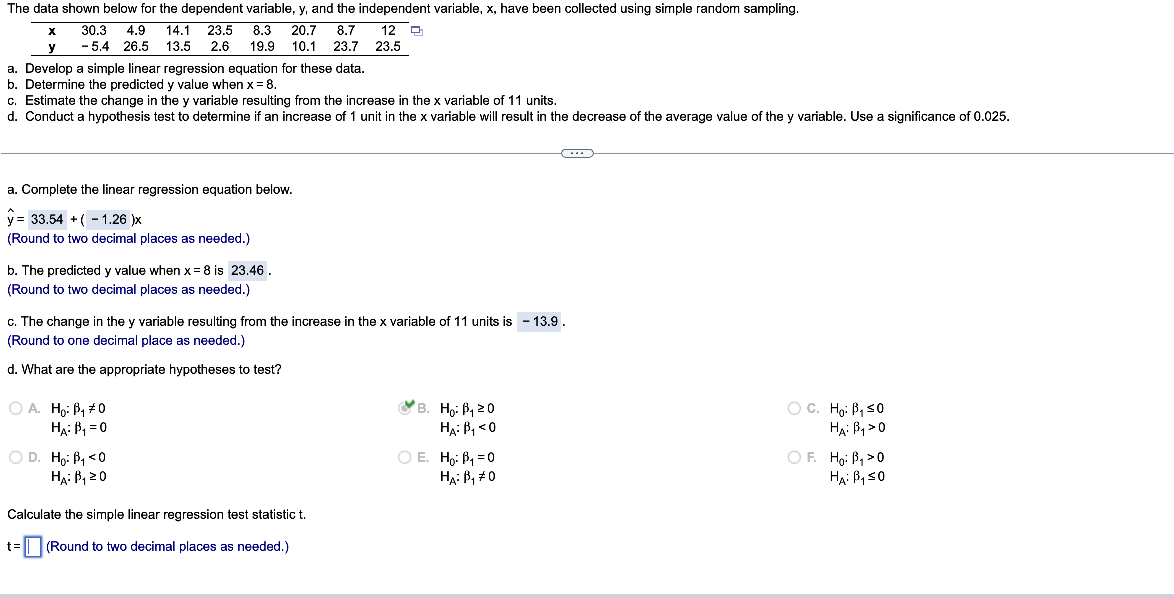 Solved a. Develop a simple linear regression equation for | Chegg.com