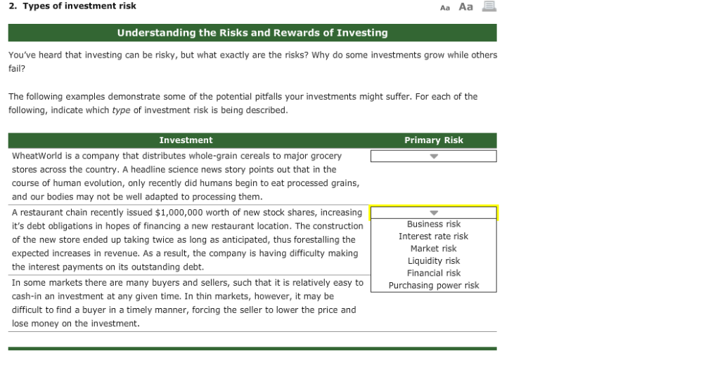 Solved 2. Types of investment risk Aa Aa Understanding the | Chegg.com