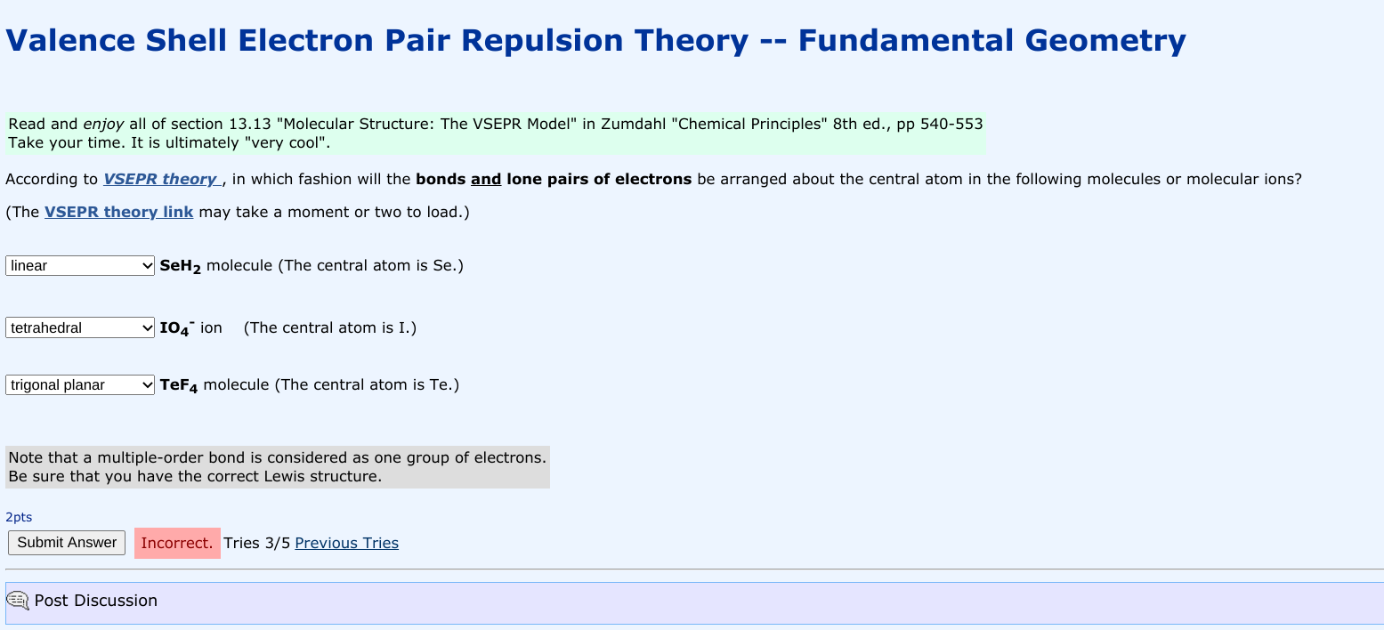 Solved Valence Shell Electron Pair Repulsion Theory -- | Chegg.com
