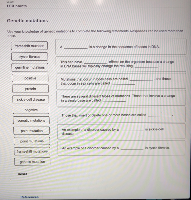 Solved value: 1.00 points Genetic mutations Use your | Chegg.com