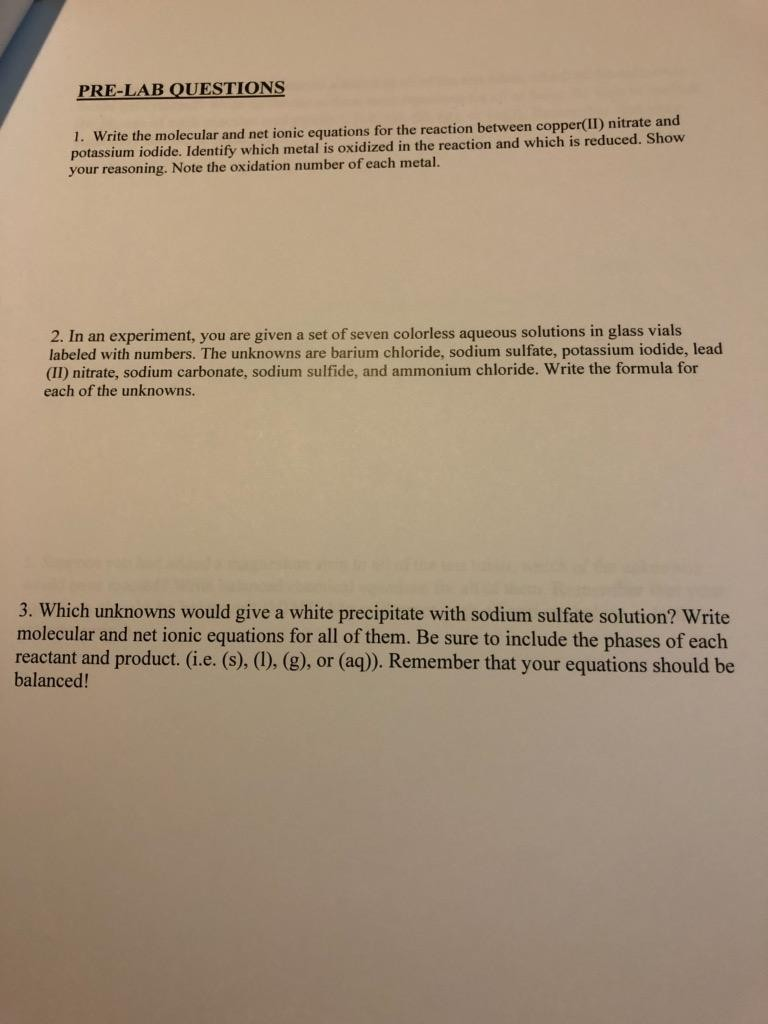 Solved PRE-LAB QUESTIONS 1. Write the molecular and net | Chegg.com