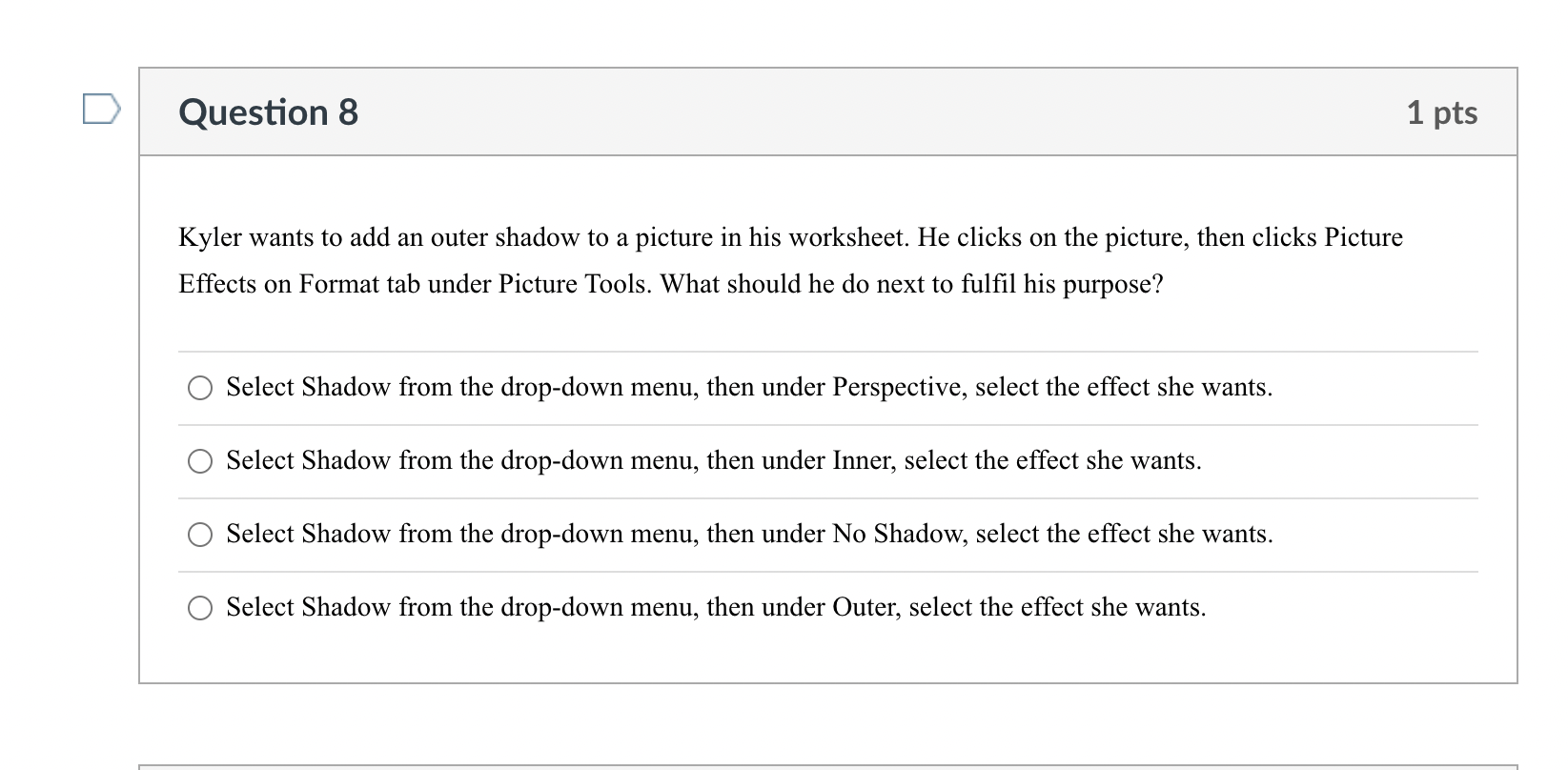 Solved Kyler wants to add an outer shadow to a picture in | Chegg.com