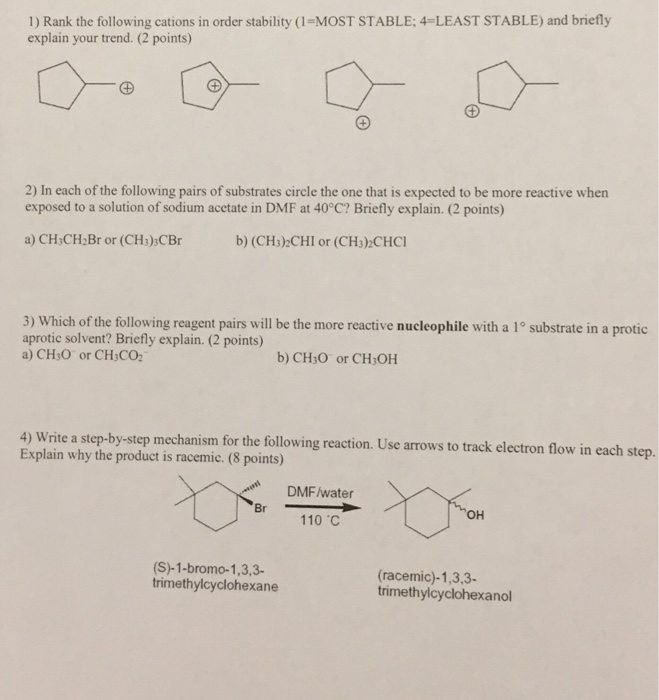 Solved 1) Rank the following cations in order stability | Chegg.com