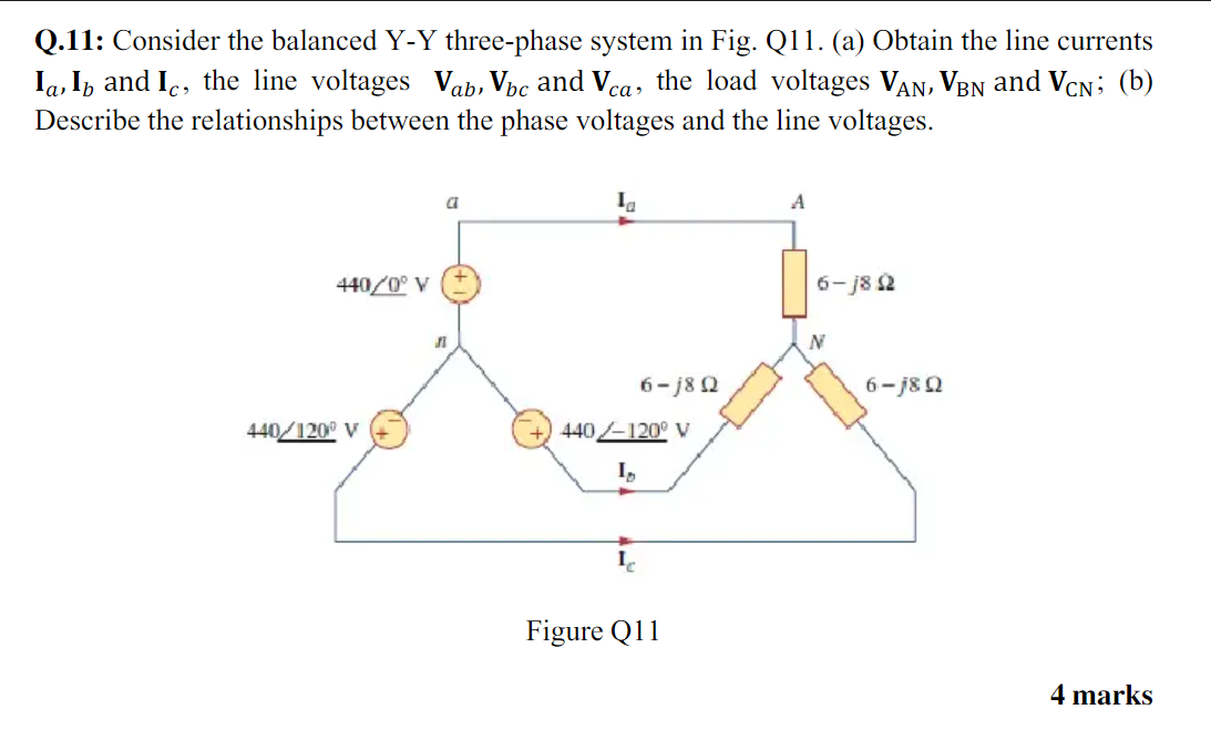 Solved Q.11: Consider the balanced Y-Y three-phase system in | Chegg.com