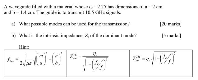 Solved A waveguide filled with a material whose ε =2.25 has | Chegg.com