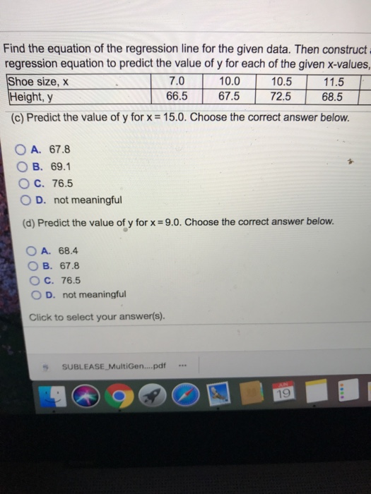 Solved Find the equation of the regression line for the | Chegg.com