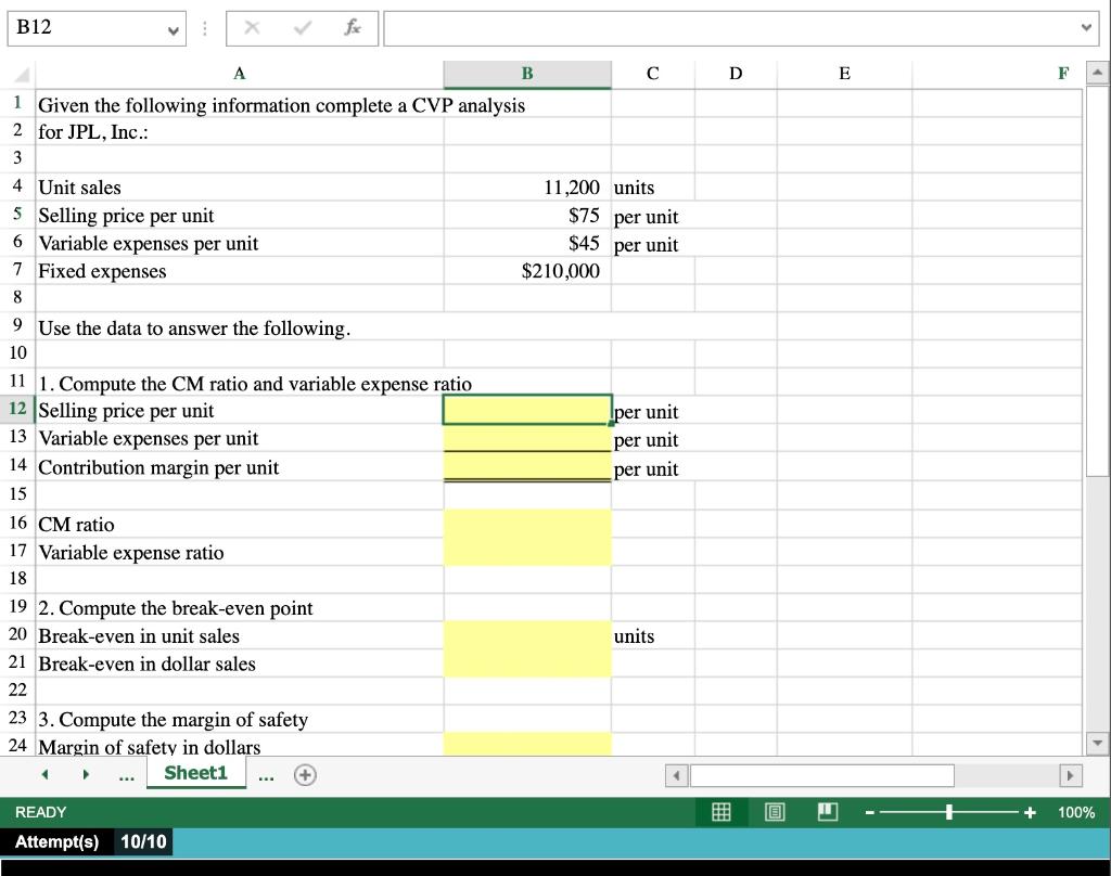 Solved B12 \begin{tabular}{|ll} \hline×fx \\ \hline | Chegg.com