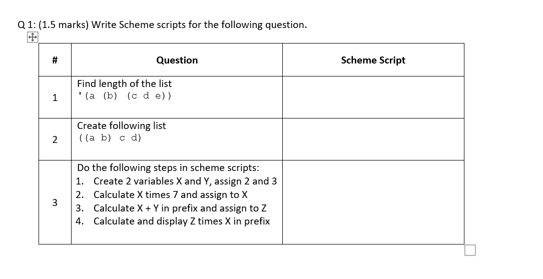 Solved Q1: (1.5 marks) Write Scheme scripts for the | Chegg.com