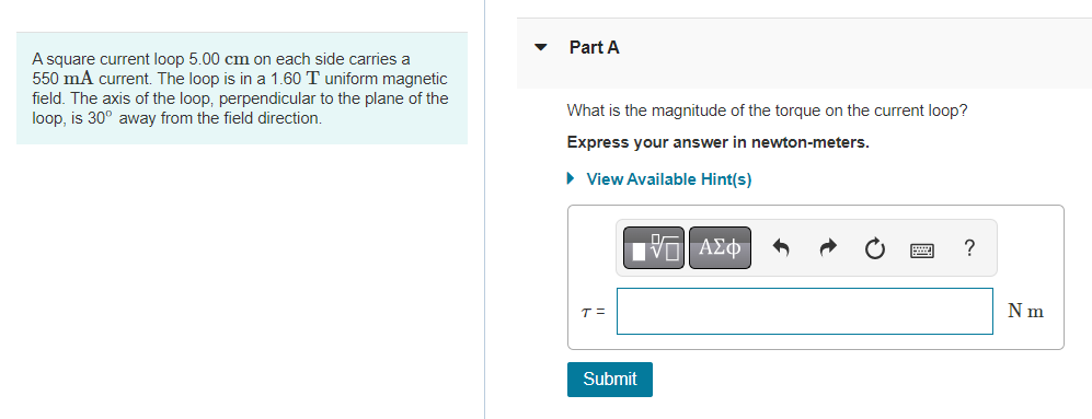 Solved A square current loop 5.00 cm on each side carries a | Chegg.com