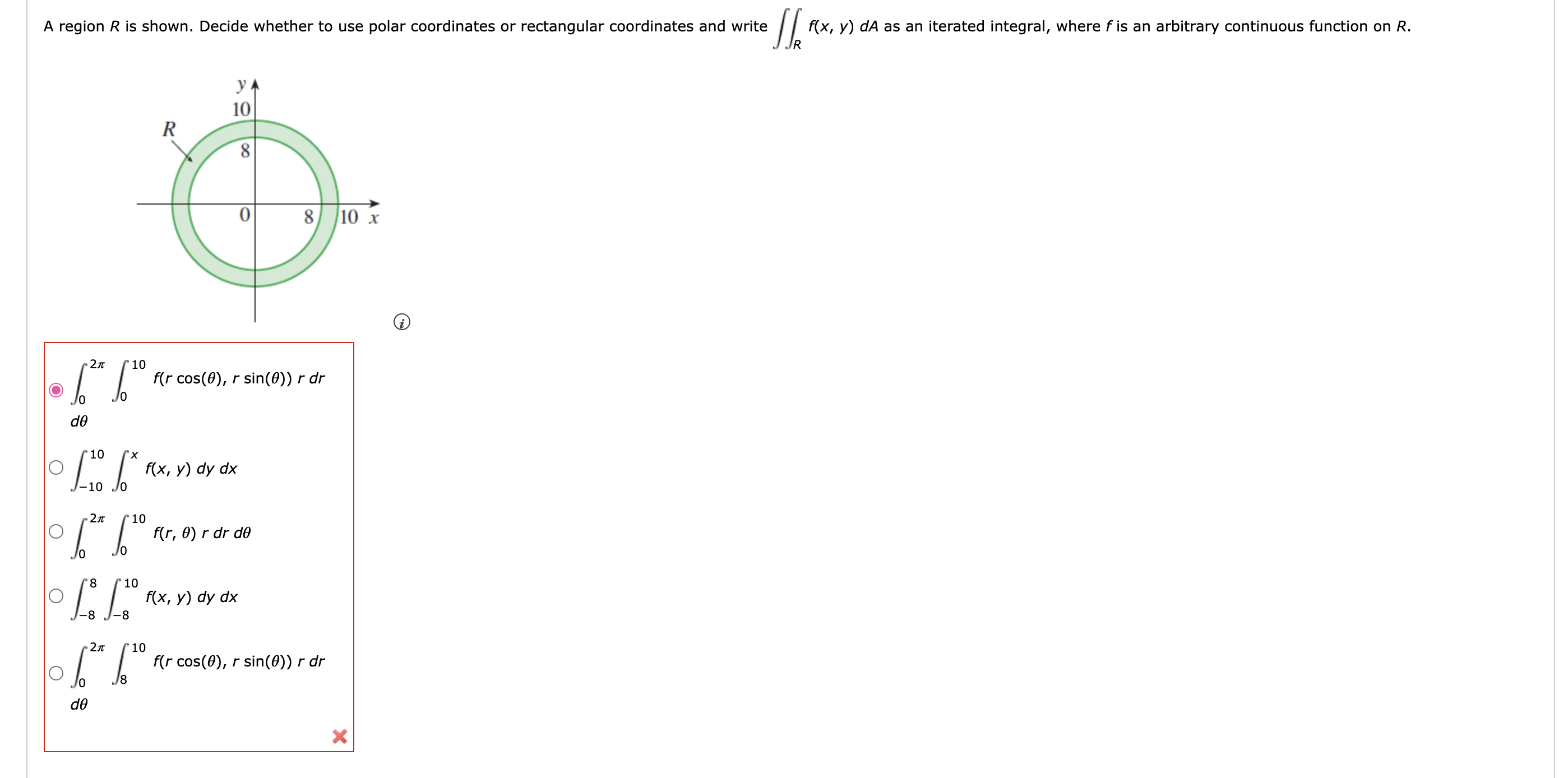 Solved ∫02π∫010f(rcos(θ),rsin(θ))rdrdθ∫-1010∫0xf(x,y)dydx∫02 | Chegg.com