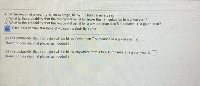 Solved A certain region of a country is, on average, hit by | Chegg.com Solved A certain region of a country is, on average, hit by | Chegg.com