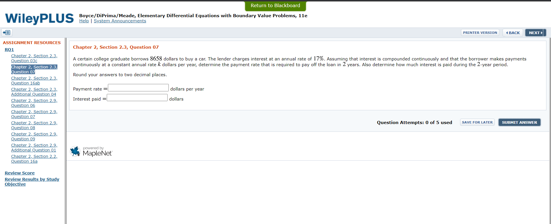 Solved Return to Blackboard WileyPLUS Boyce/DiPrima/Meade, | Chegg.com