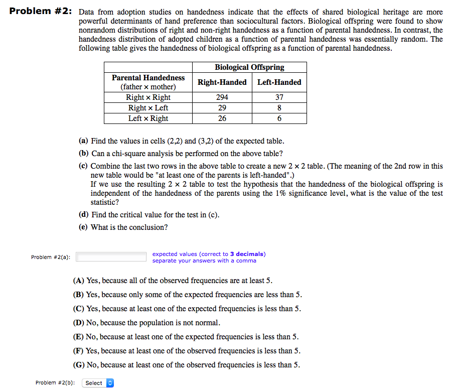 Solved \# 2: Data from adoption studies on handedness | Chegg.com