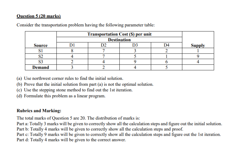 Solved Question 5 (20 marks) Consider the transportation | Chegg.com