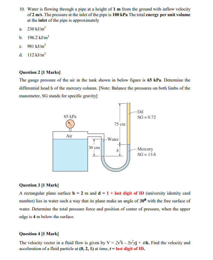 Solved 10. Water is flowing through a pipe at a height of 1 | Chegg.com