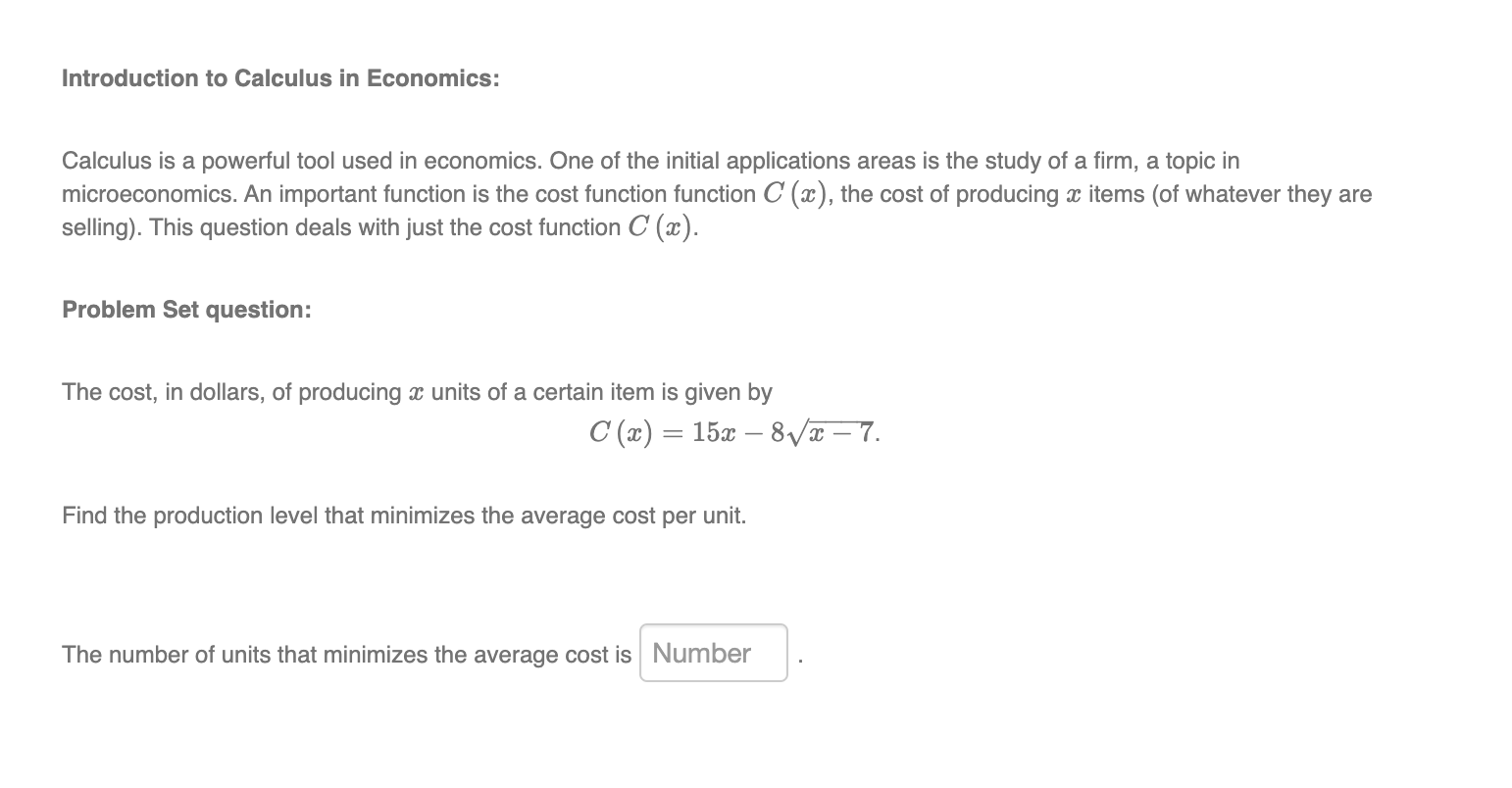 Solved Introduction to Calculus in Economics: Calculus is a | Chegg.com