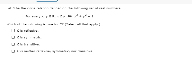 Solved Let C be the circle relation defined on the following | Chegg.com