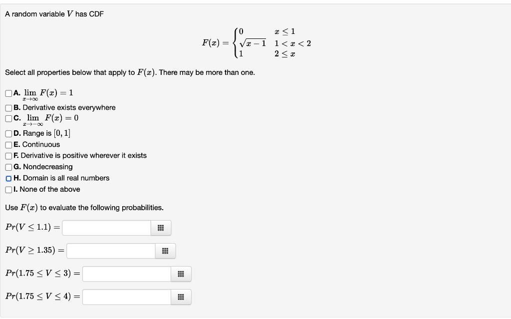 Solved A random variable V has CDF F(x) = - fer-