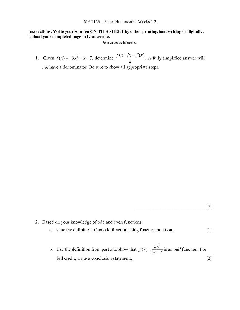 Solved Instructions: Write your solution ON THIS SHEET by | Chegg.com