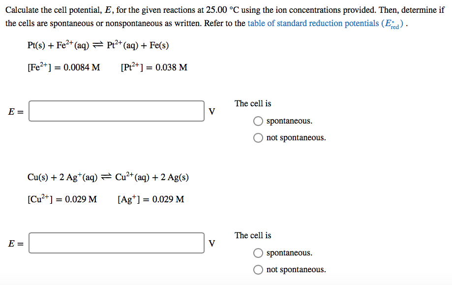 Solved Calculate The Cell Potential E For The Given