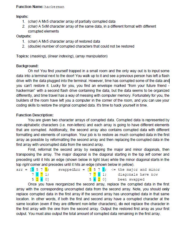 CODE IN MATLAB Function Name: hackerman Inputs: 1. | Chegg.com