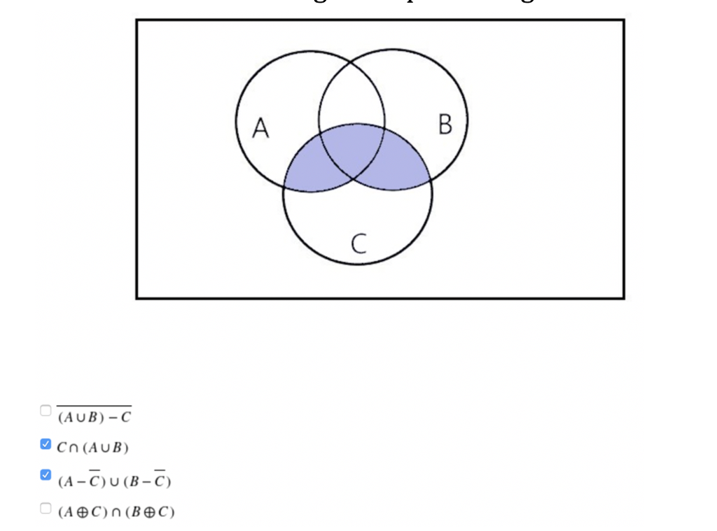 Solved A B (AUB) -C cn (AUB) (A -C) U (B-C) ( AC) n( BC) B | Chegg.com