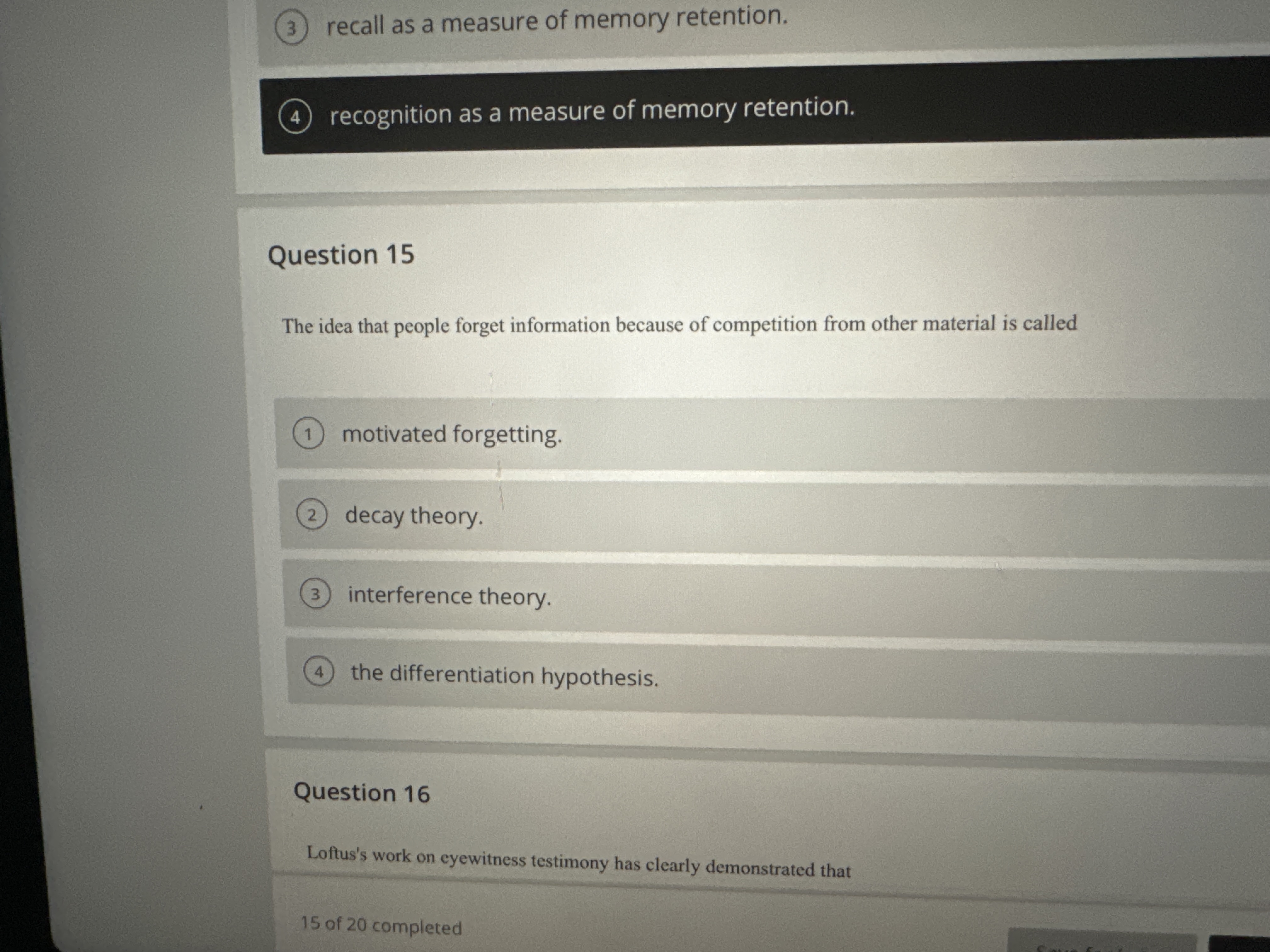 Solved recall as a measure of memory retention.(4) | Chegg.com