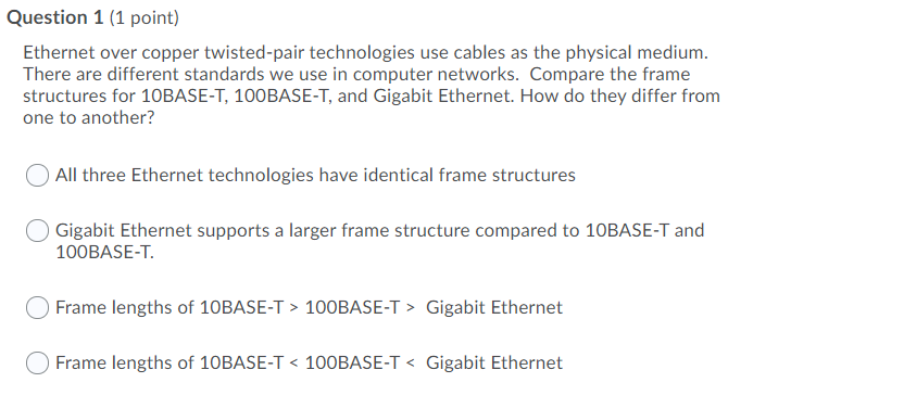 Solved Question 1 (1 point) Ethernet over copper | Chegg.com