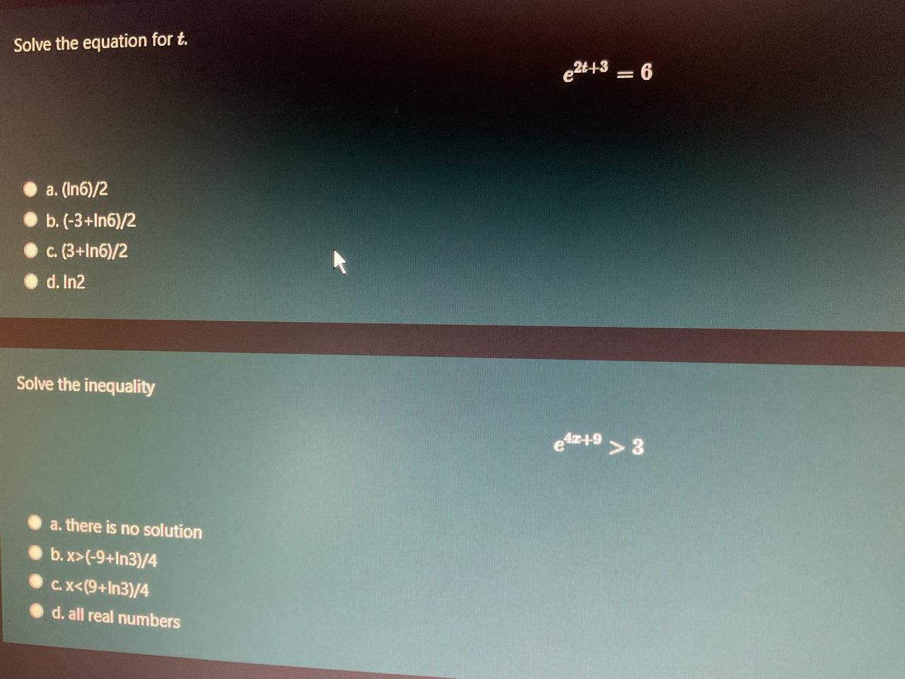 Solved Solve the equation for t. e2t+3=6 a. (ln6)/2 b. | Chegg.com