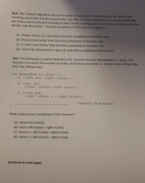 Solved Q14. The TreeSort algorithm can sort a vector of | Chegg.com