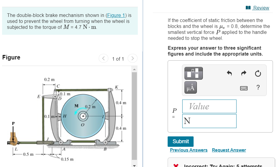 Solved Review The double-block brake mechanism shown in | Chegg.com