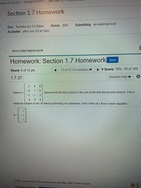 Solved MATH-2318 Assignments Section 1.) Section 1.7 | Chegg.com