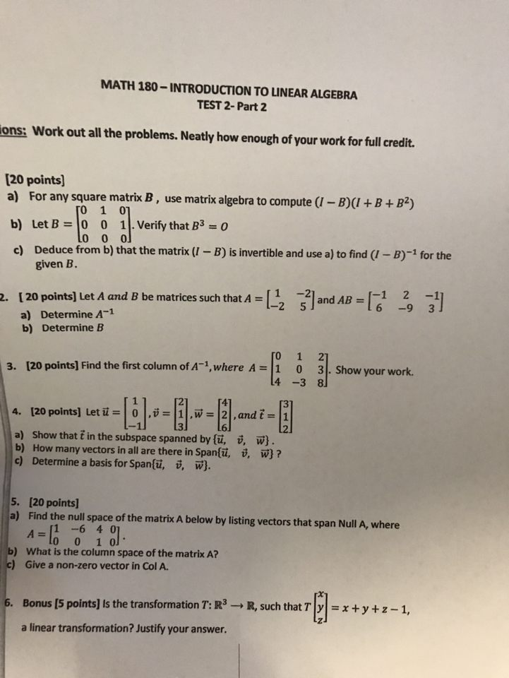 Solved MATH 180 - INTRODUCTION TO LINEAR ALGEBRA TEST 2- | Chegg.com