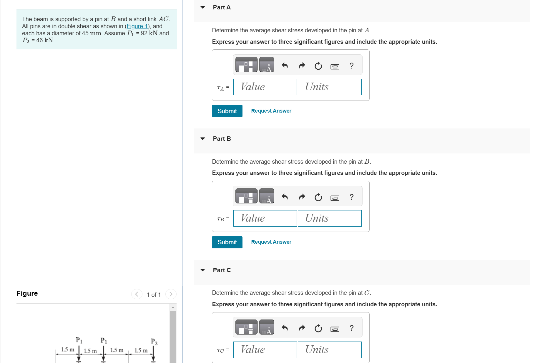 Solved The beam is supported by a pin at B and a short link | Chegg.com