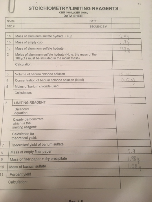 Solved STOICHIOMETRY/LIMITING REAGENTS CHM 1045UCHM 1046L | Chegg.com