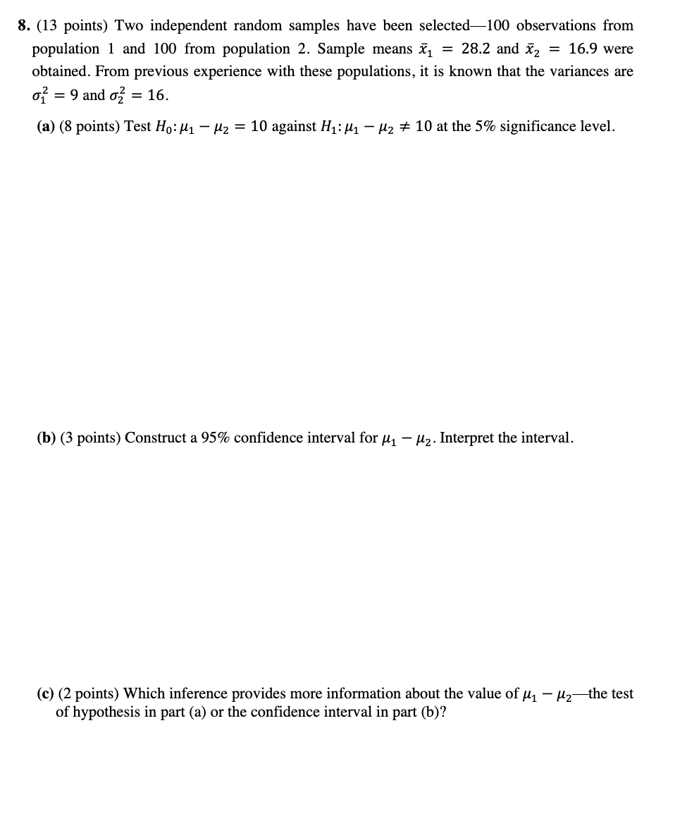 Solved 8. (13 points) Two independent random samples have | Chegg.com