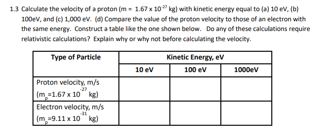 Solved 1.3 Calculate the velocity of a proton (m 1.67 x 1027 | Chegg.com