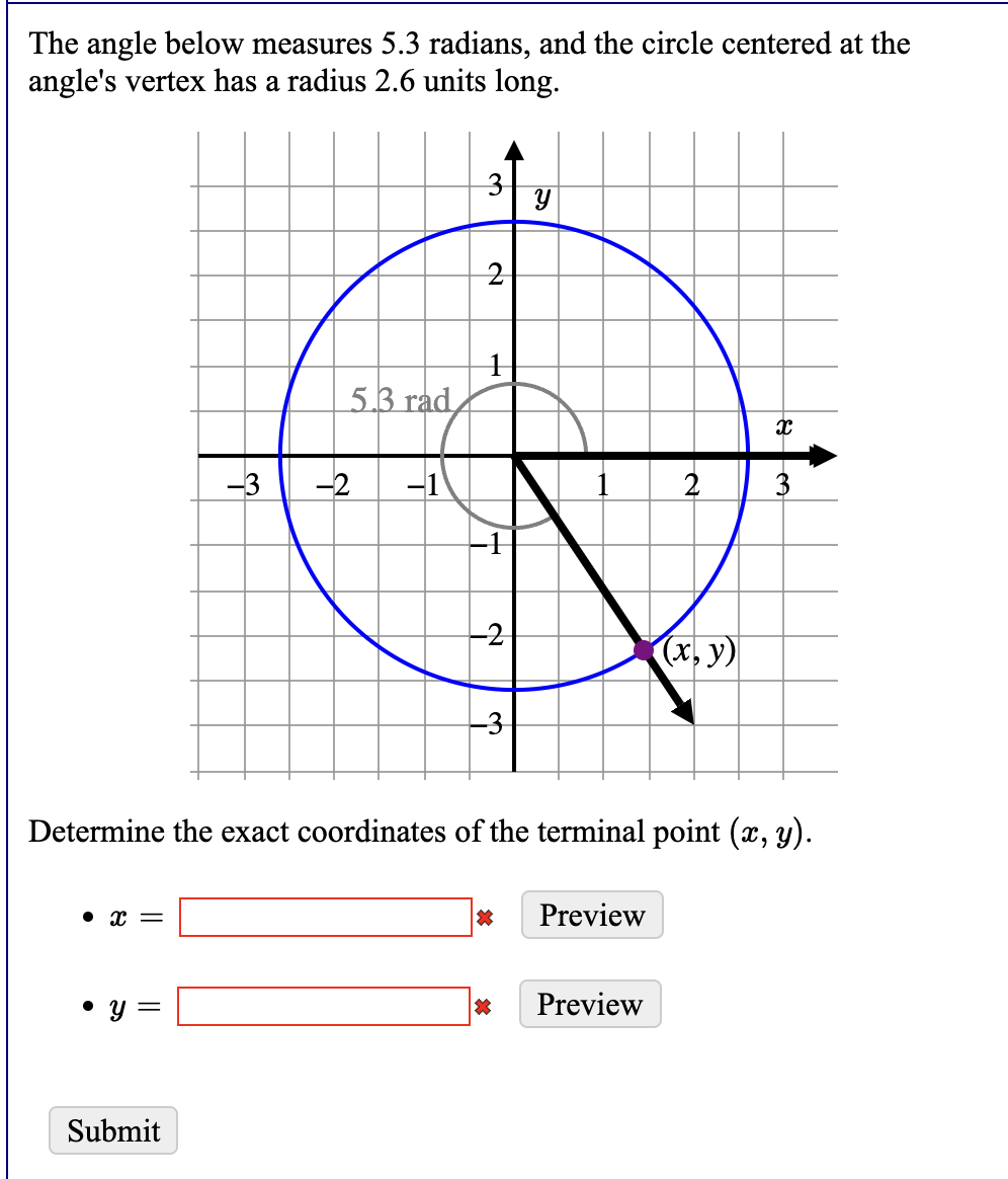 Solved The angle below measures 5.3 radians, and the circle | Chegg.com