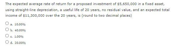 Solved The expected average rate of return for a proposed | Chegg.com