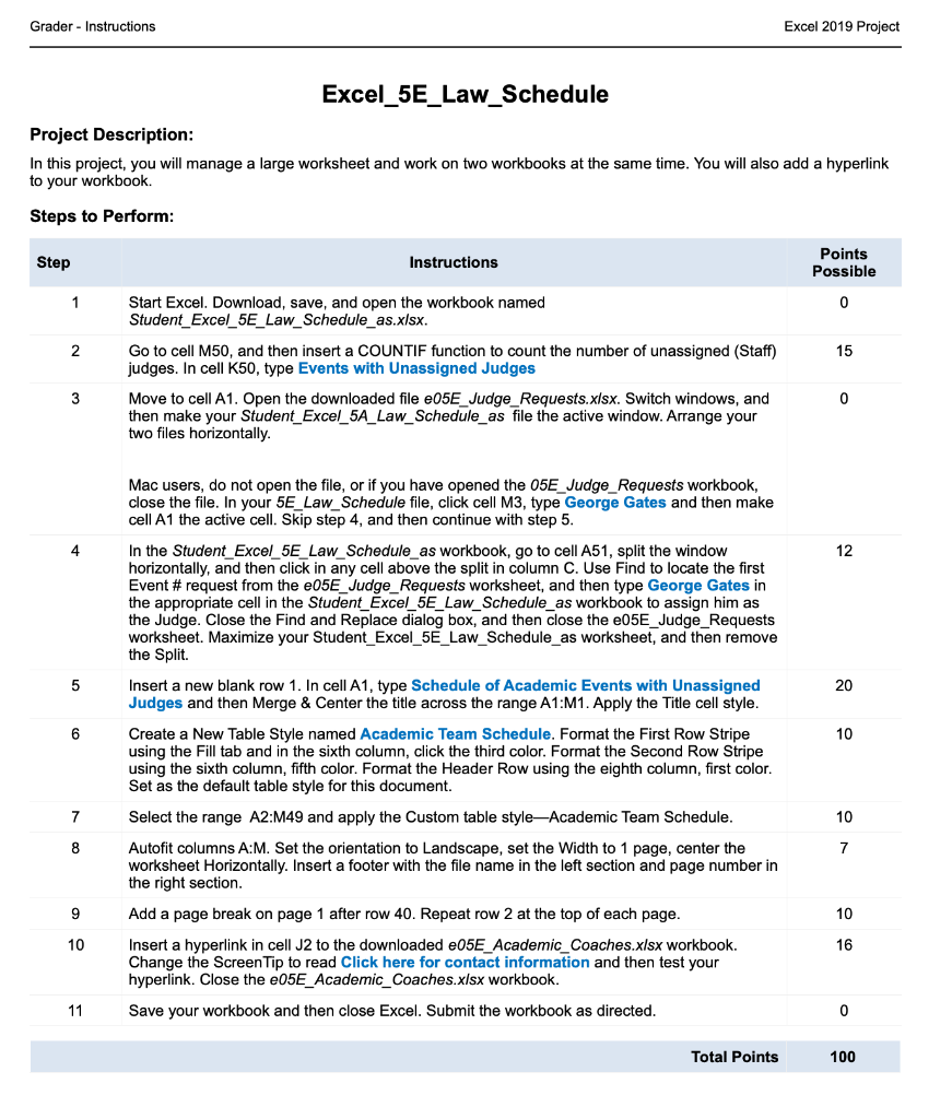 Grader - Instructions Excel 2019 Project Excel_5E_Law | Chegg.com