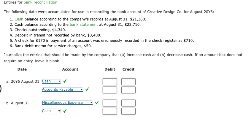 Solved Entries for bank reconciliation The following data | Chegg.com