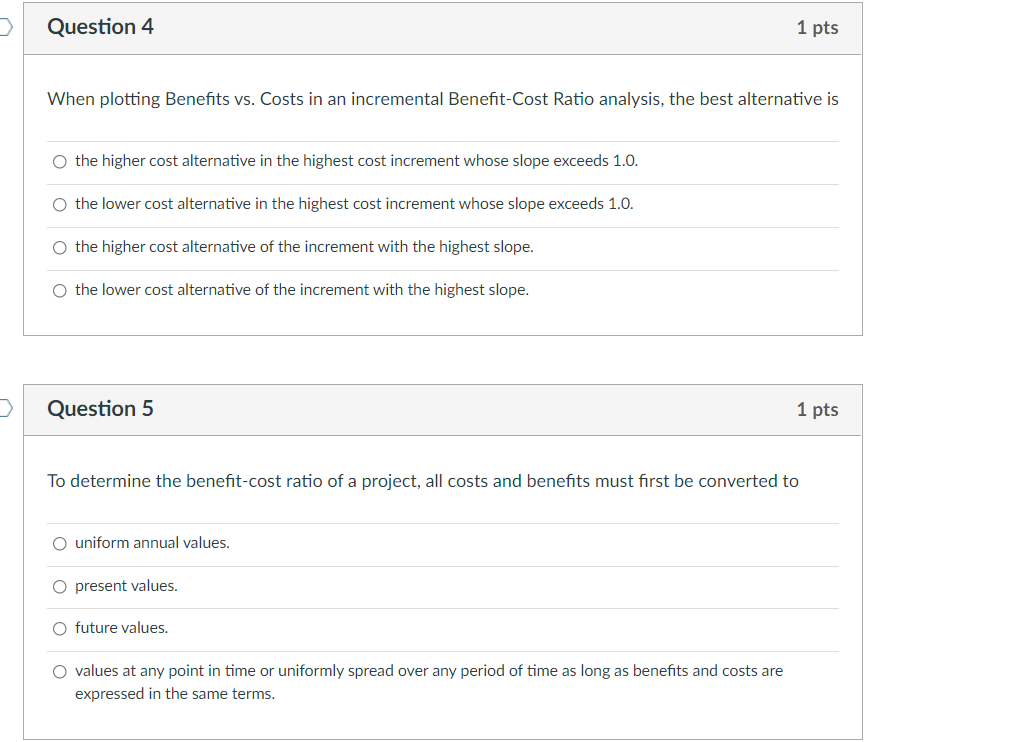 Solved > Question 4 1 pts When plotting Benefits vs. Costs | Chegg.com