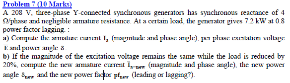Solved Problem 7 (10 Marks A 208 V, three-phase Y-connected | Chegg.com