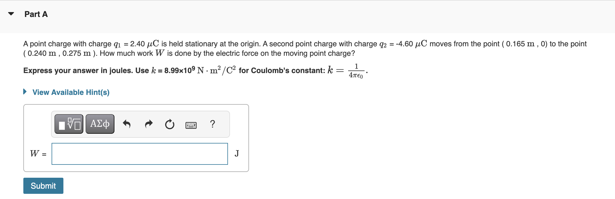 Solved A point charge with charge q1=2.40μC ﻿is held | Chegg.com