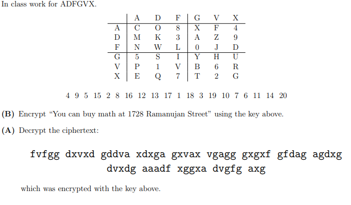 In class work for ADFGVX. A D F G V X A с M N 5 P E D | Chegg.com