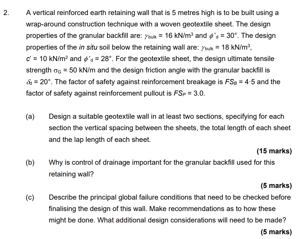 Solved A vertical reinforced earth retaining wall that is 5 | Chegg.com