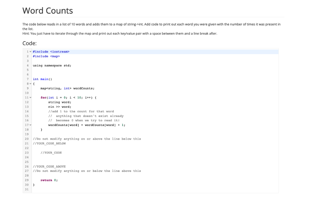 Solved Word Counts The code below reads in a list of 10 | Chegg.com